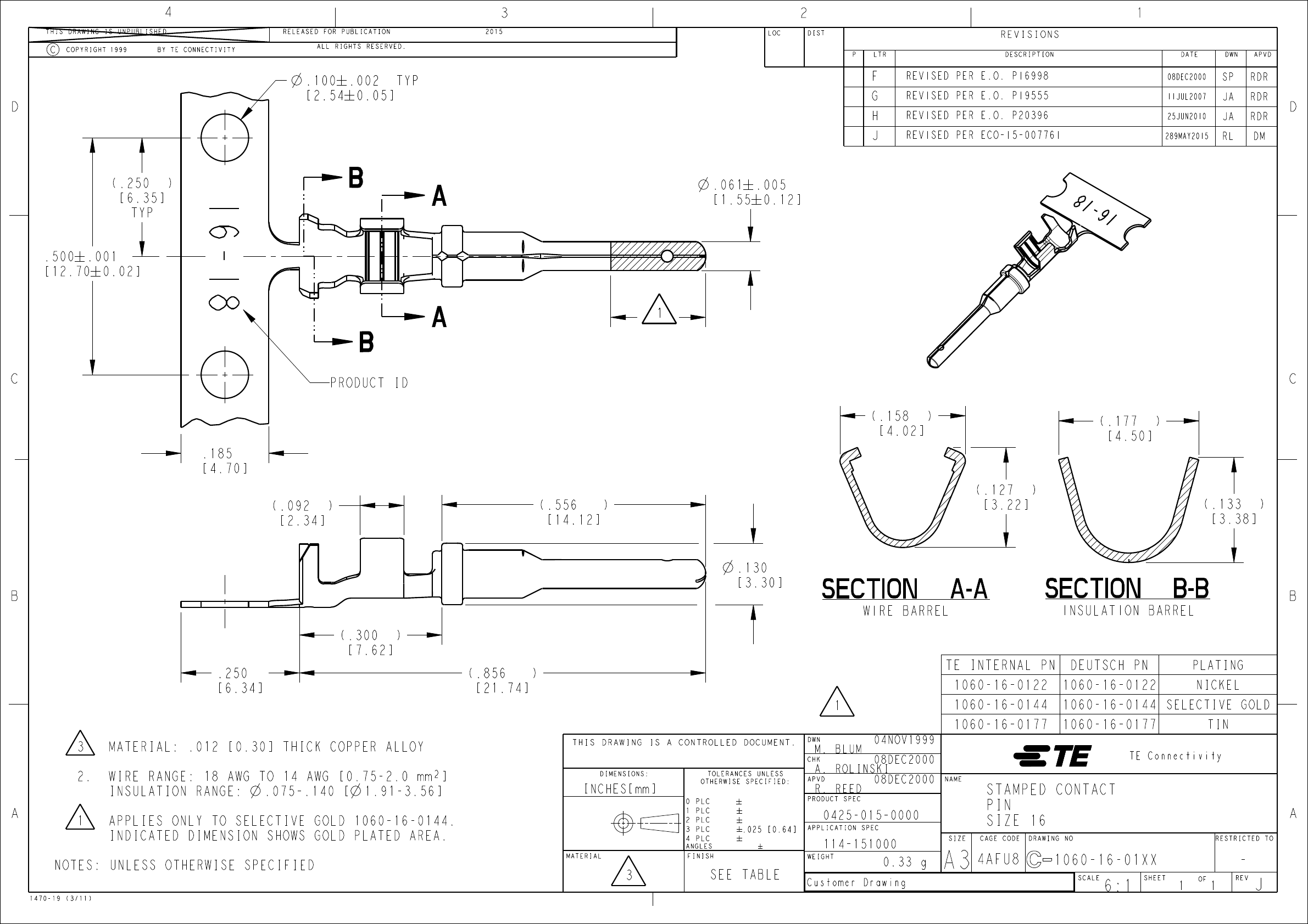 TE Connectivity Deutsch ICT Connectors 的 1060-16-01xx Drawing 規格書 | DigiKey