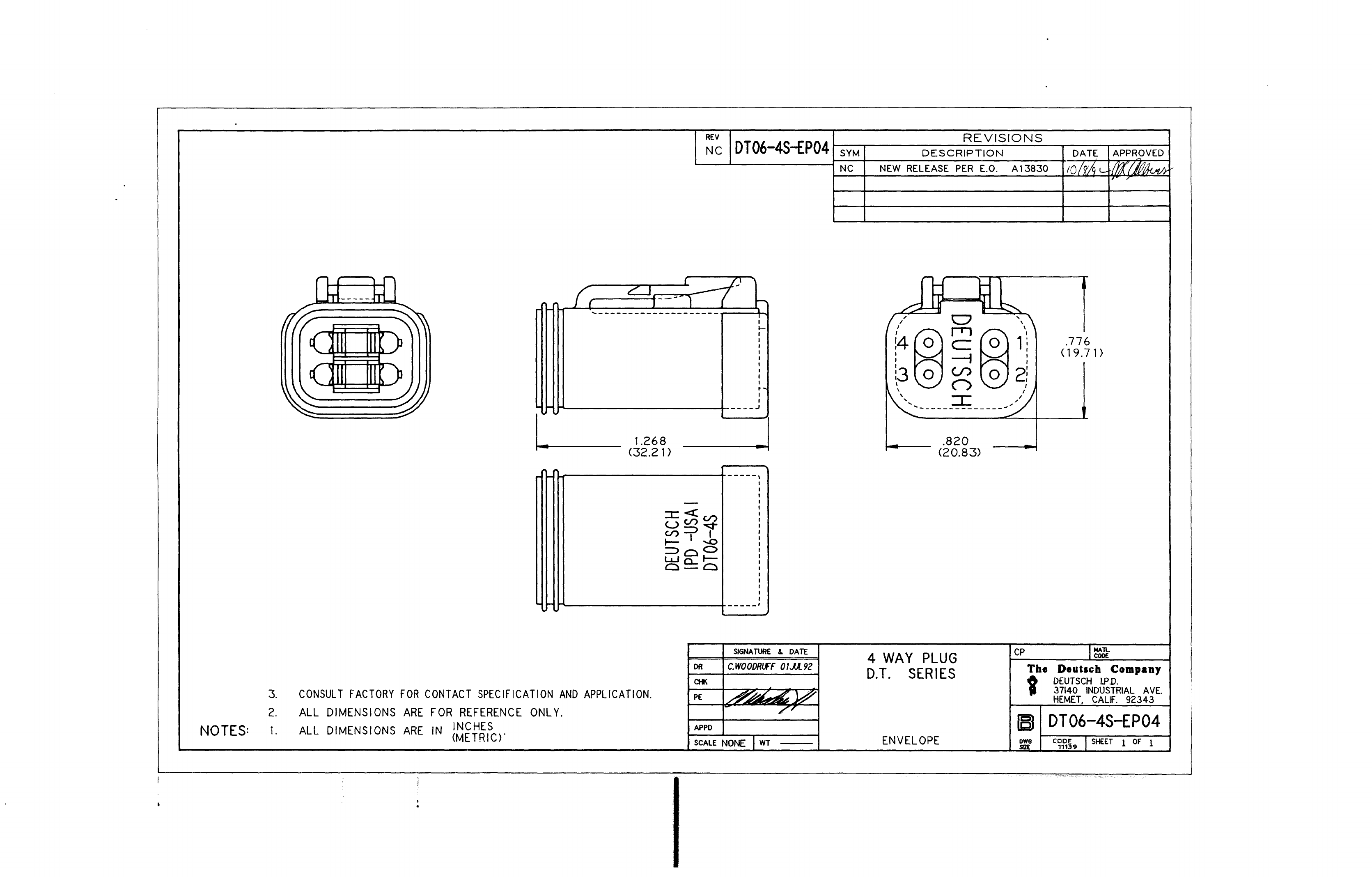 TE Connectivity Deutsch ICT Connectors 的 DT06-4S-EP04 Drawing 規格書 | DigiKey