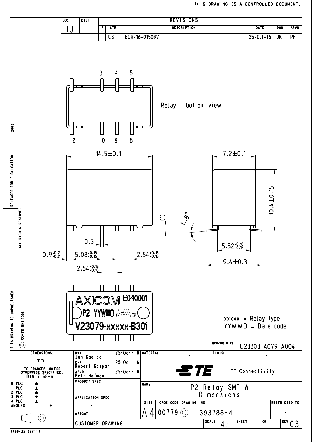 TE Connectivity Potter & Brumfield Relays 的 P2-Relay SMT W Dimensions ...
